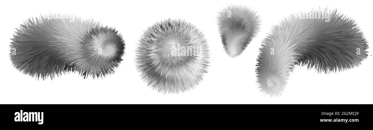 Fur pompons and shapes. Gray and white racoon furry texture. Shaggy ...