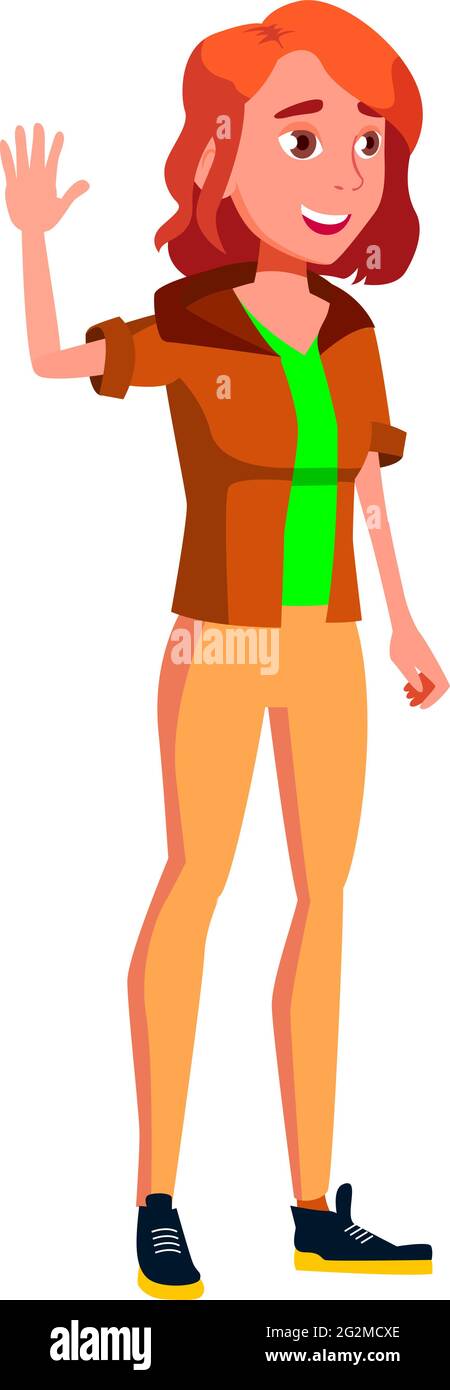 redhead girl waving hand to friend in park cartoon vector Stock Vector ...