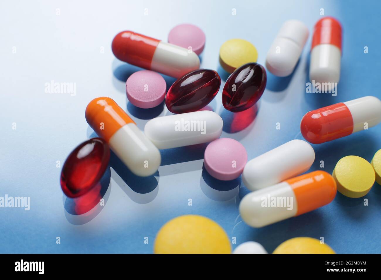 Colorful of tablets and capsules pill in blister packaging arranged ...