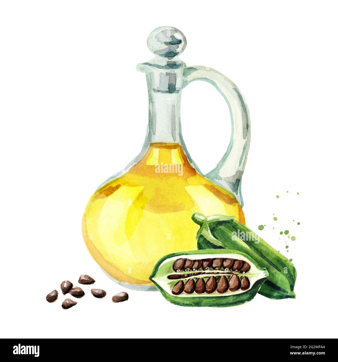 Fresh Sesame pods with black seeds and bottle with oil. Watercolor hand ...