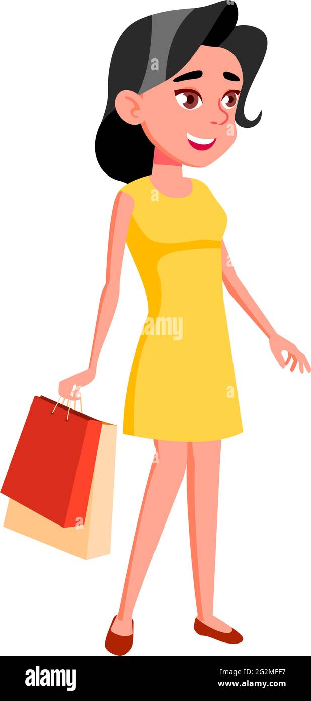 happy fashionable lady shopping in clothing store cartoon vector Stock ...