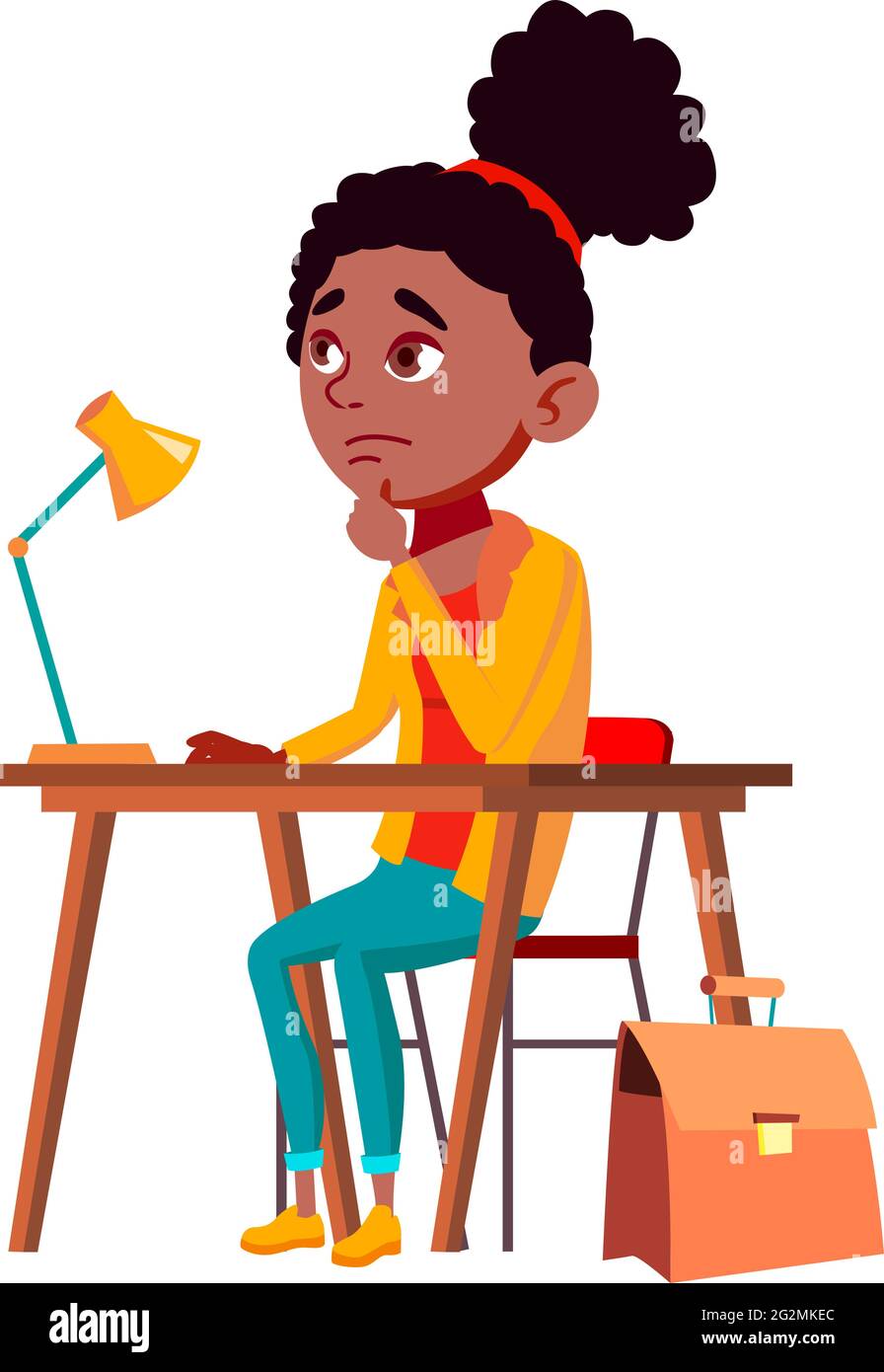 thoughtful girl sitting at desk thinking about math problem cartoon ...