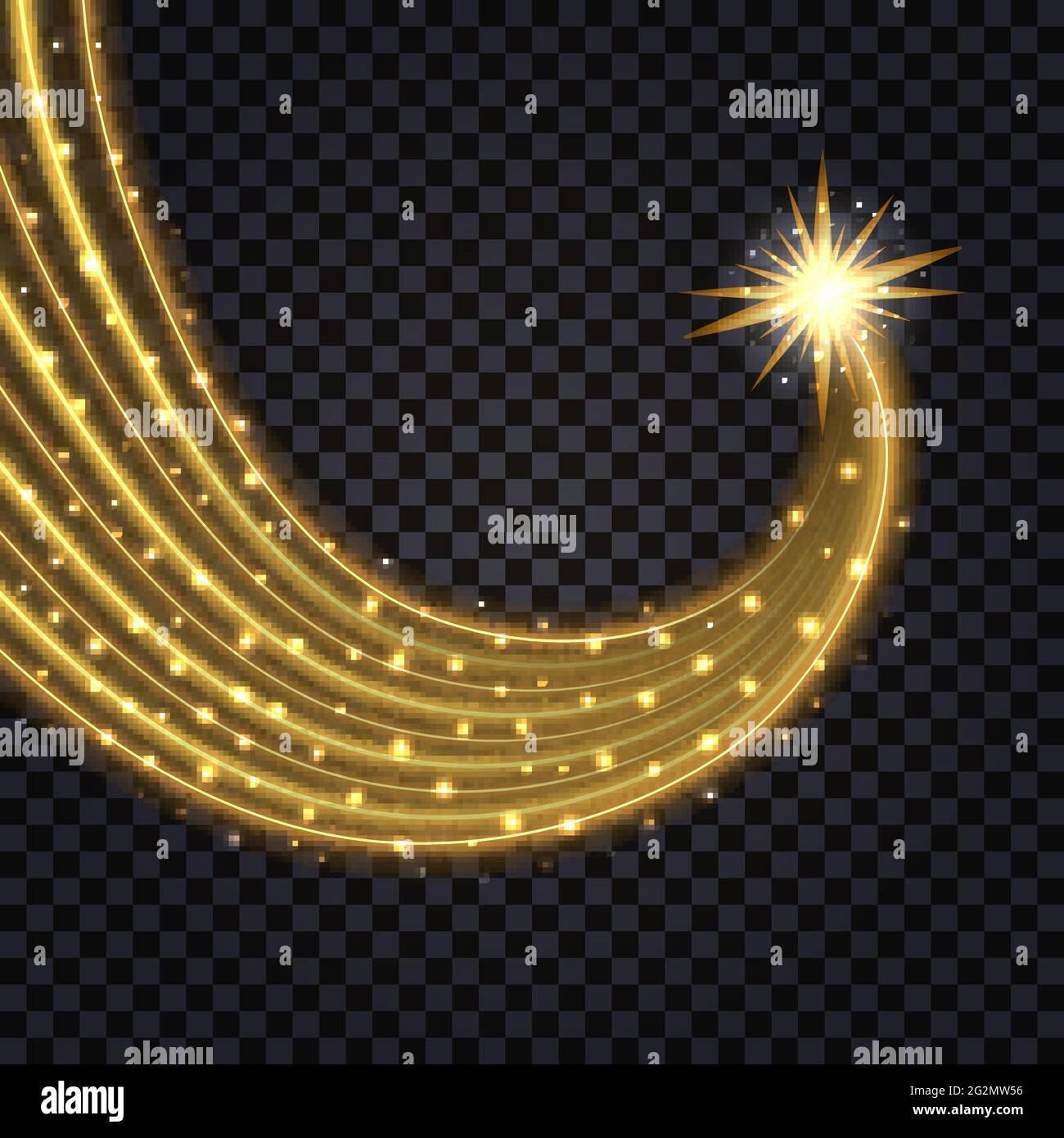 Gold glowing wave. Light flash effect and swirl trail with glittering sparkles. Vector ...