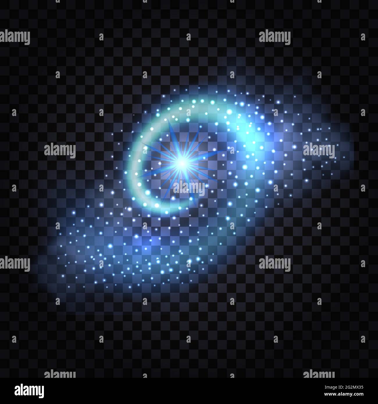 Blue magic light swirl. Abstract glowing spiral wave with light effect and stardust shiny ...