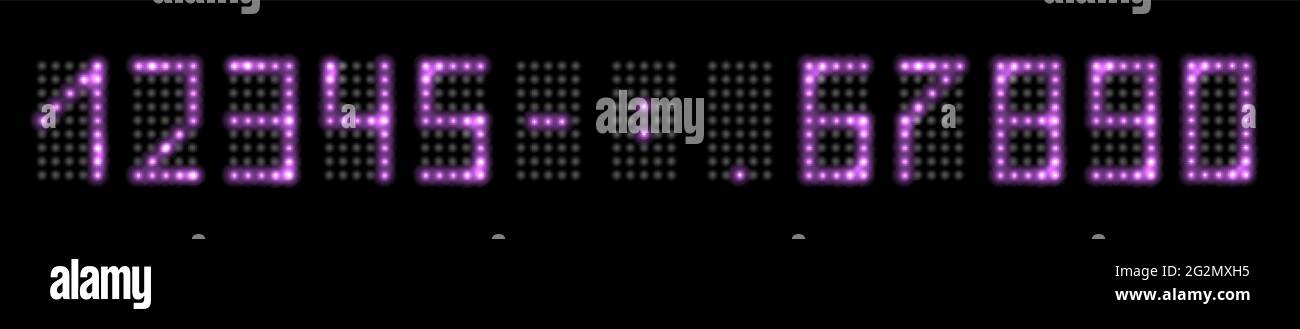 LED light numbers with neon glow effect. Purple colorful digits with ...