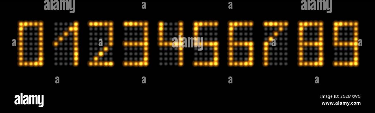 LED numbers with gold neon glowing light effect. Set of realistic ...