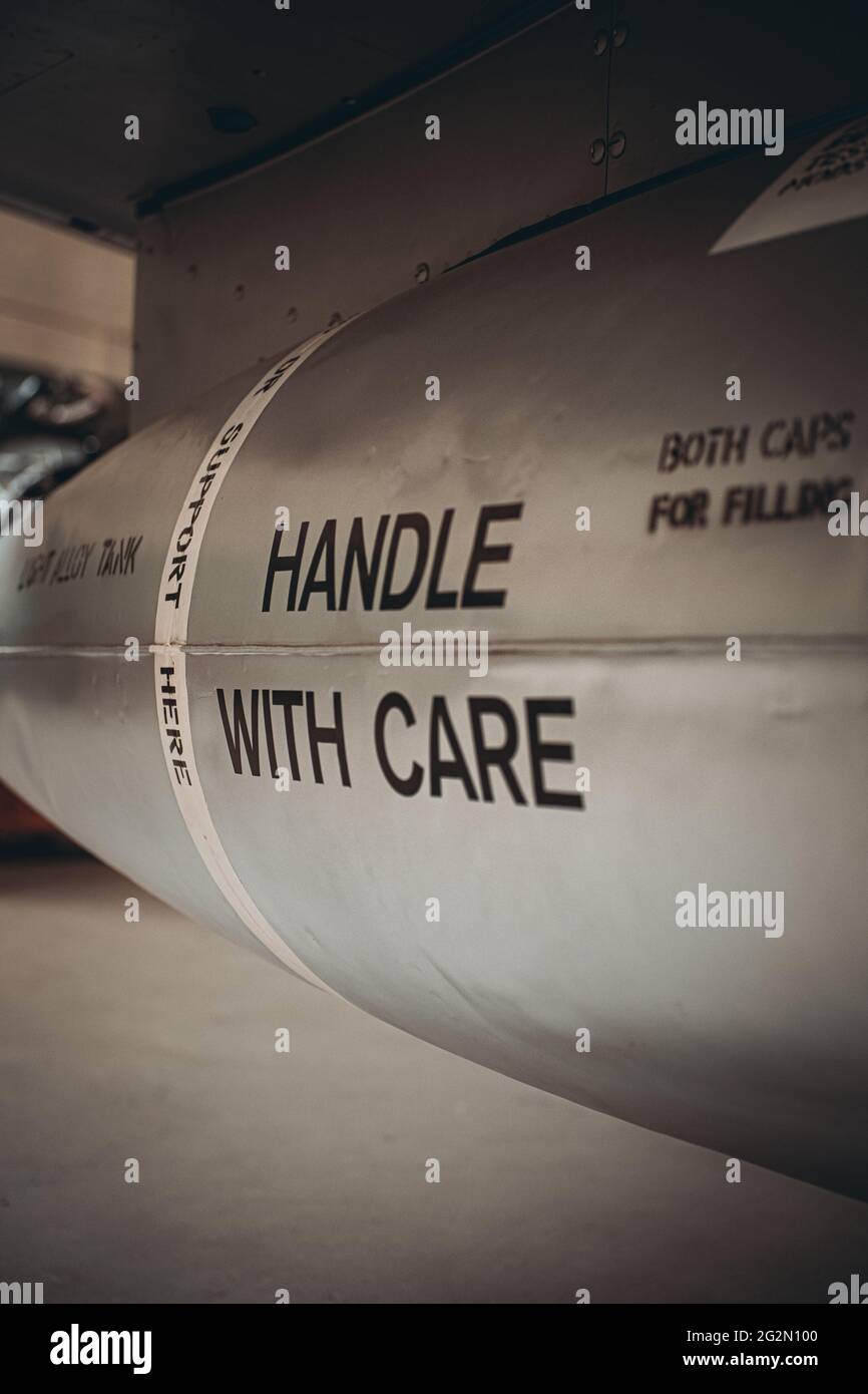 Duxford England May 2021 Close up view of a bomb on a USA fighter jet ...