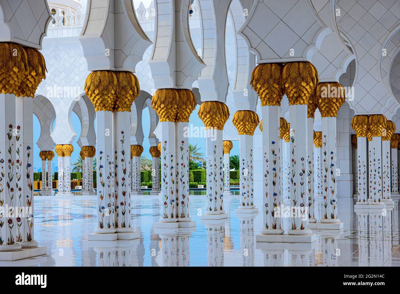 Abu Dhabi, United Arab Emirates, the decorated marble columns of the ...