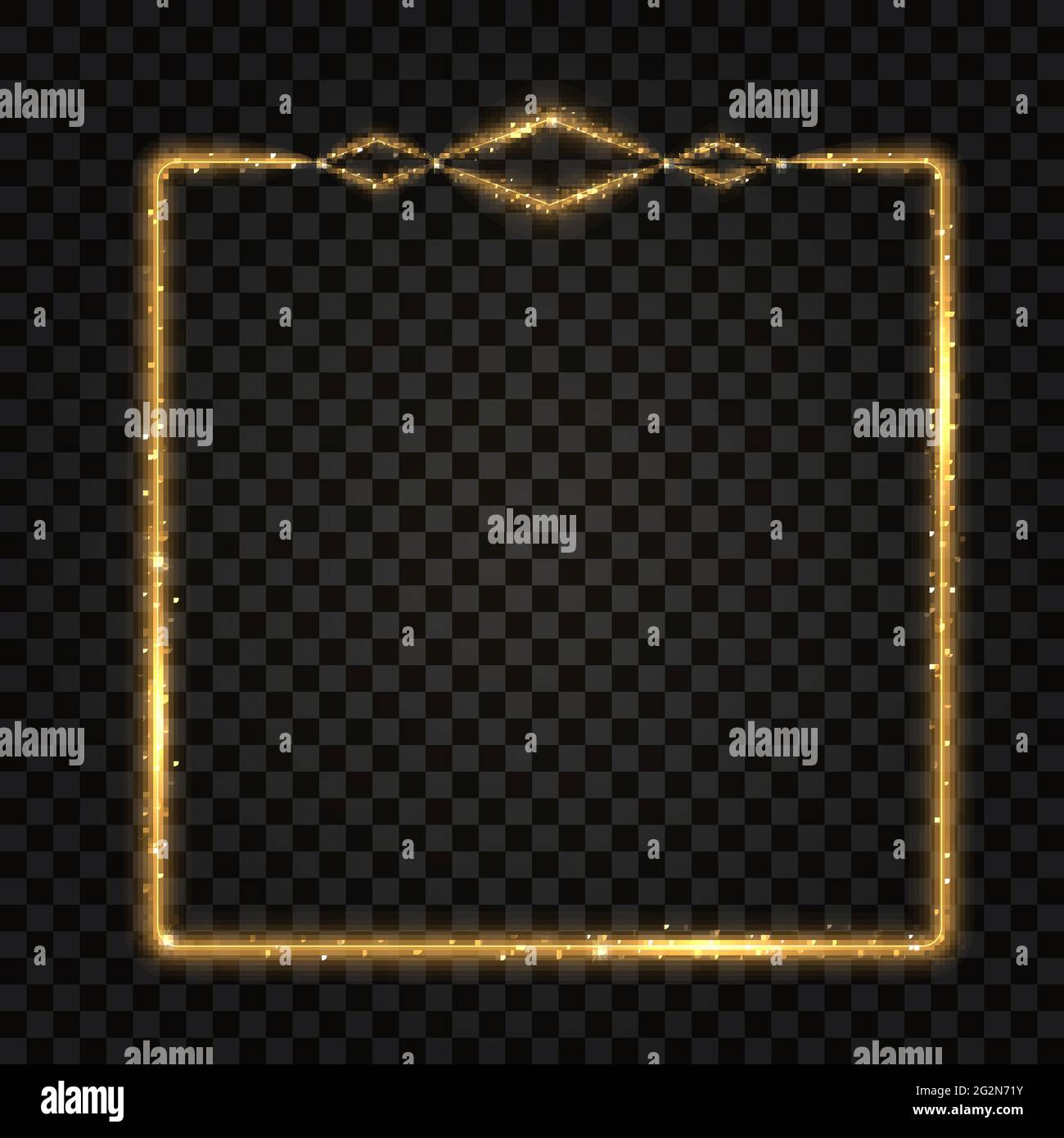 Gold square frame. Golden glow glittering effect, neon shine, light ...