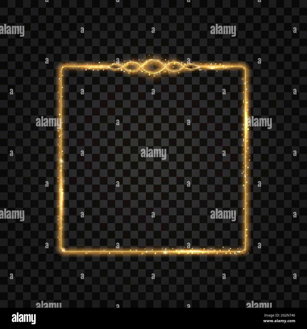 Gold square frame. Golden glow glittering effect, neon shine, light ...