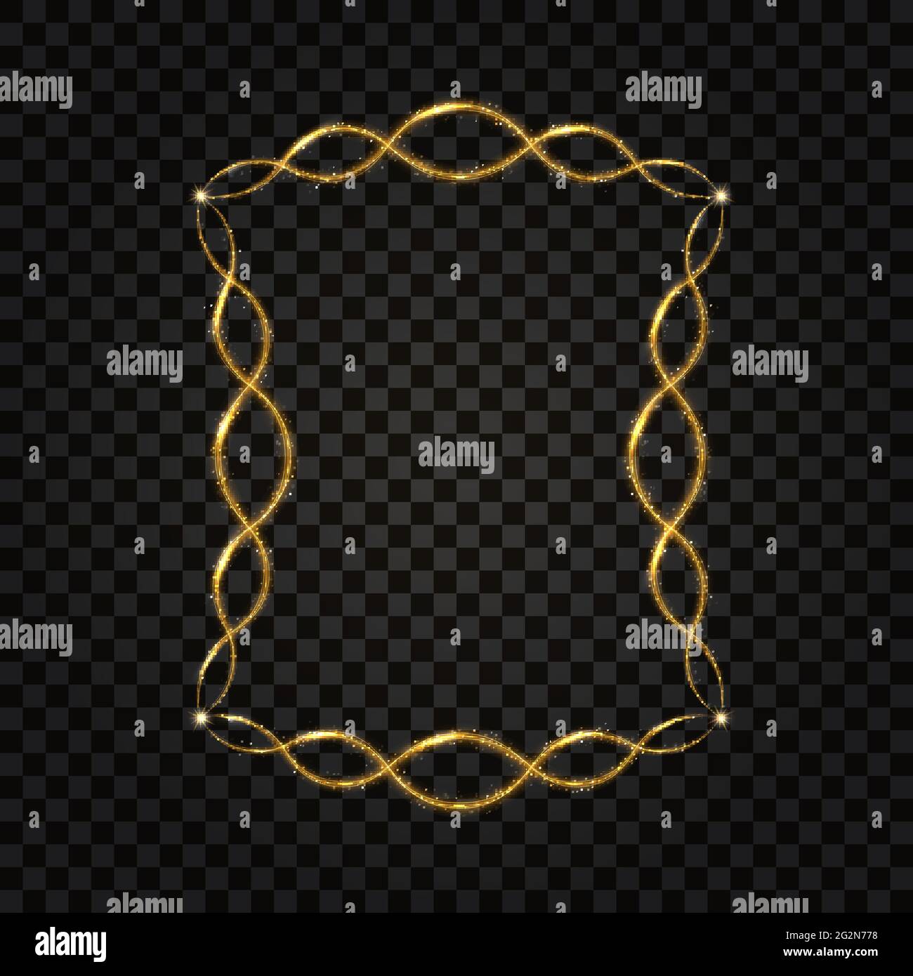 Gold square frame. Golden glow glittering effect, neon shine, light ...