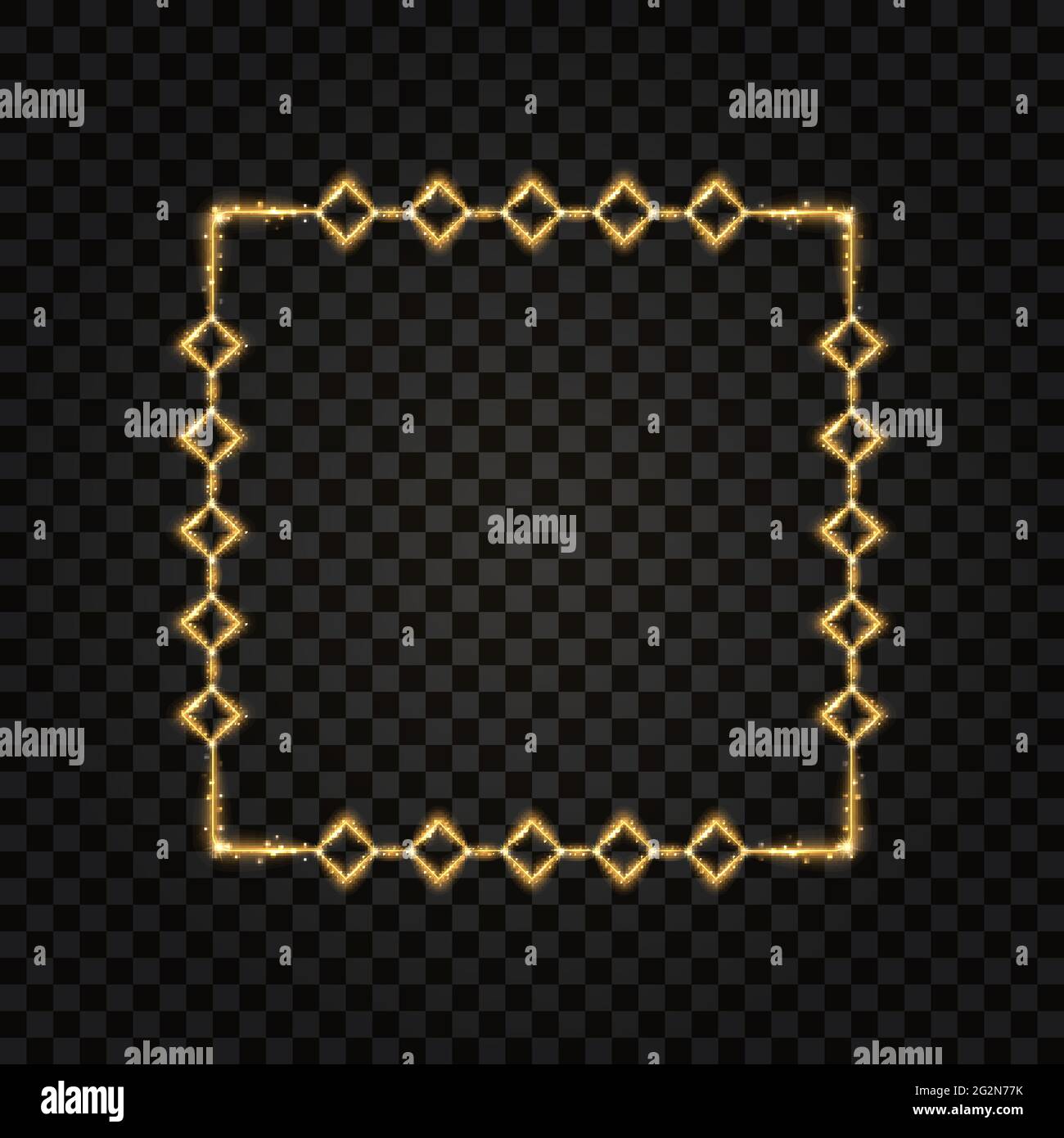 Gold square frame. Golden glow glittering effect, neon shine, light ...