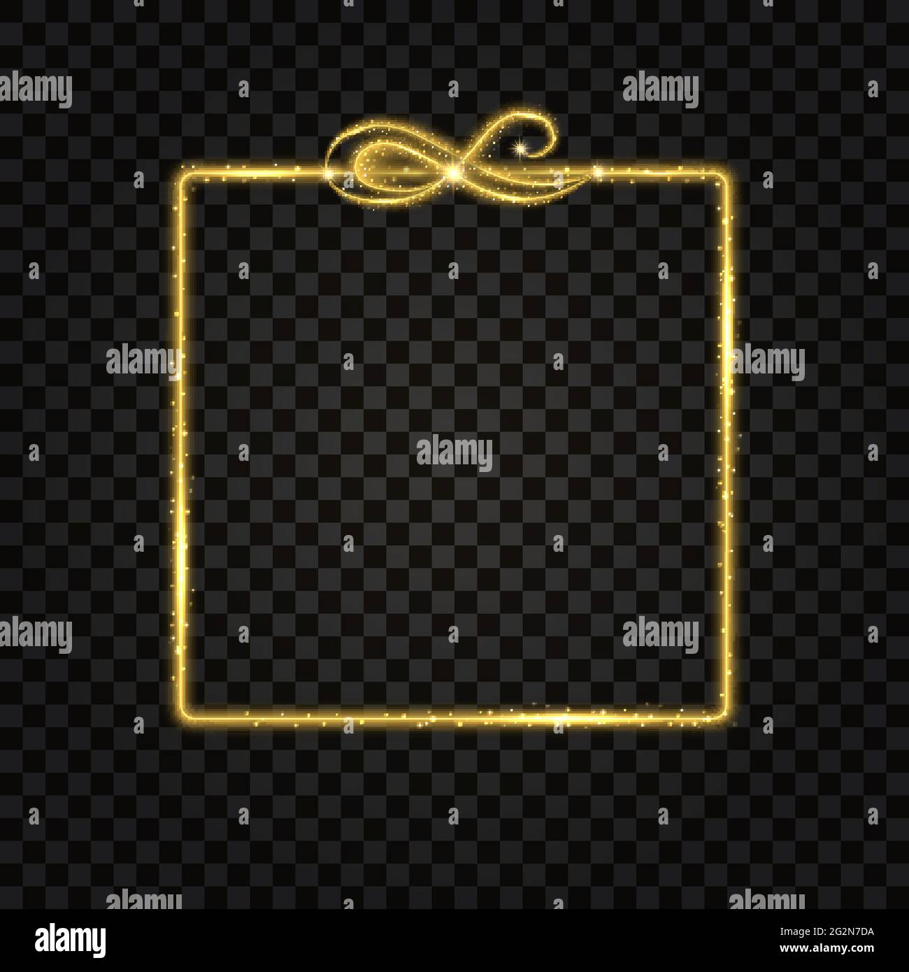 Gold square frame. Golden glow glittering effect, neon shine, light ...