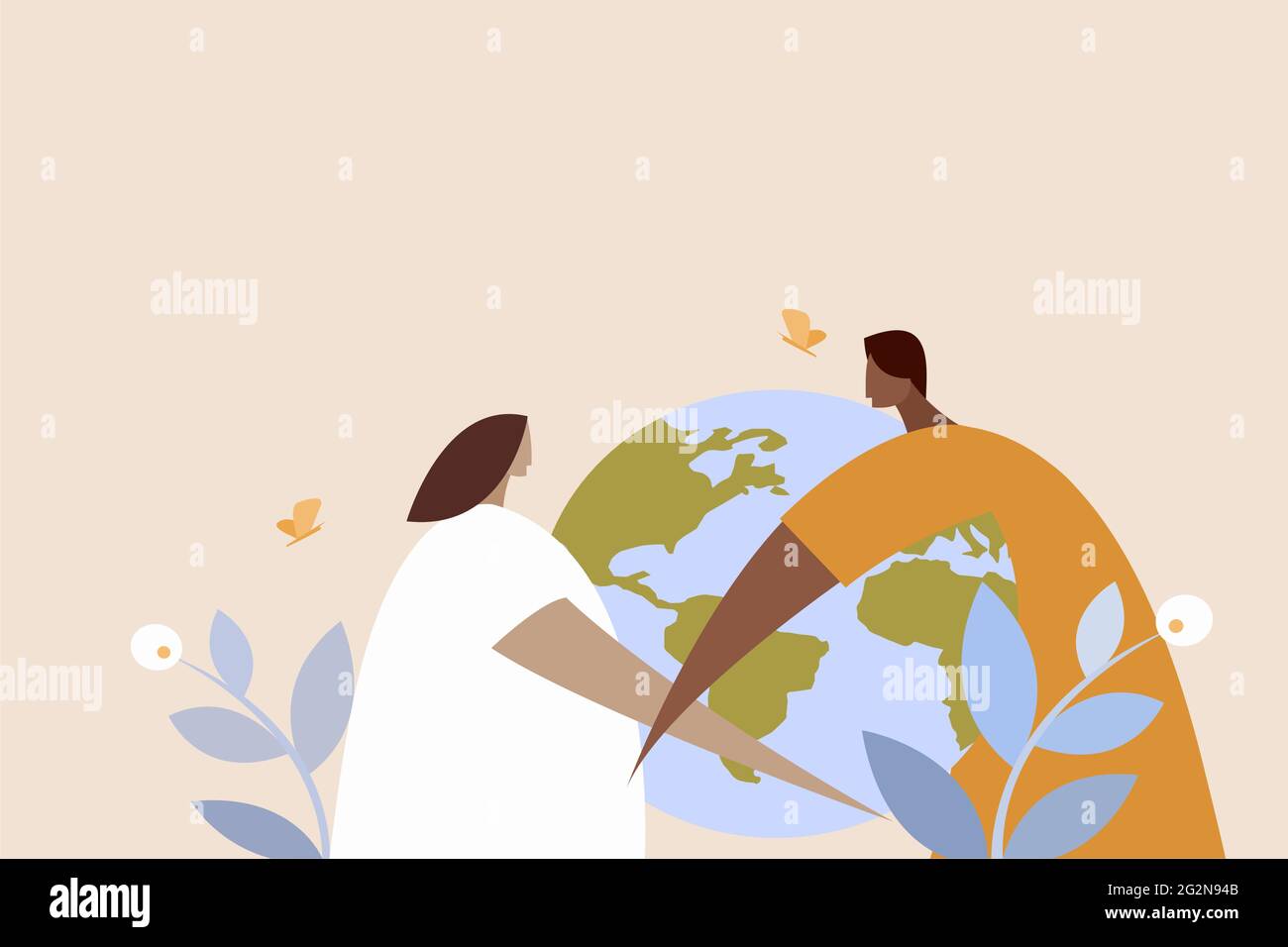 Conceptual illustration of two young people embracing the planet Earth ...