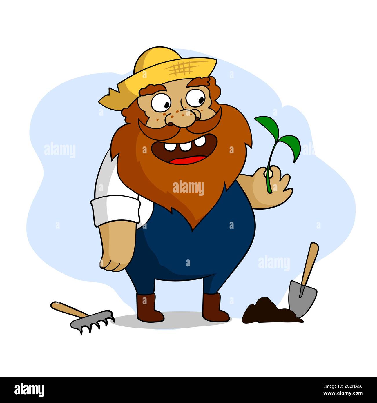 Funny cartoon farmer with a red beard is planting a flower. Vector ...
