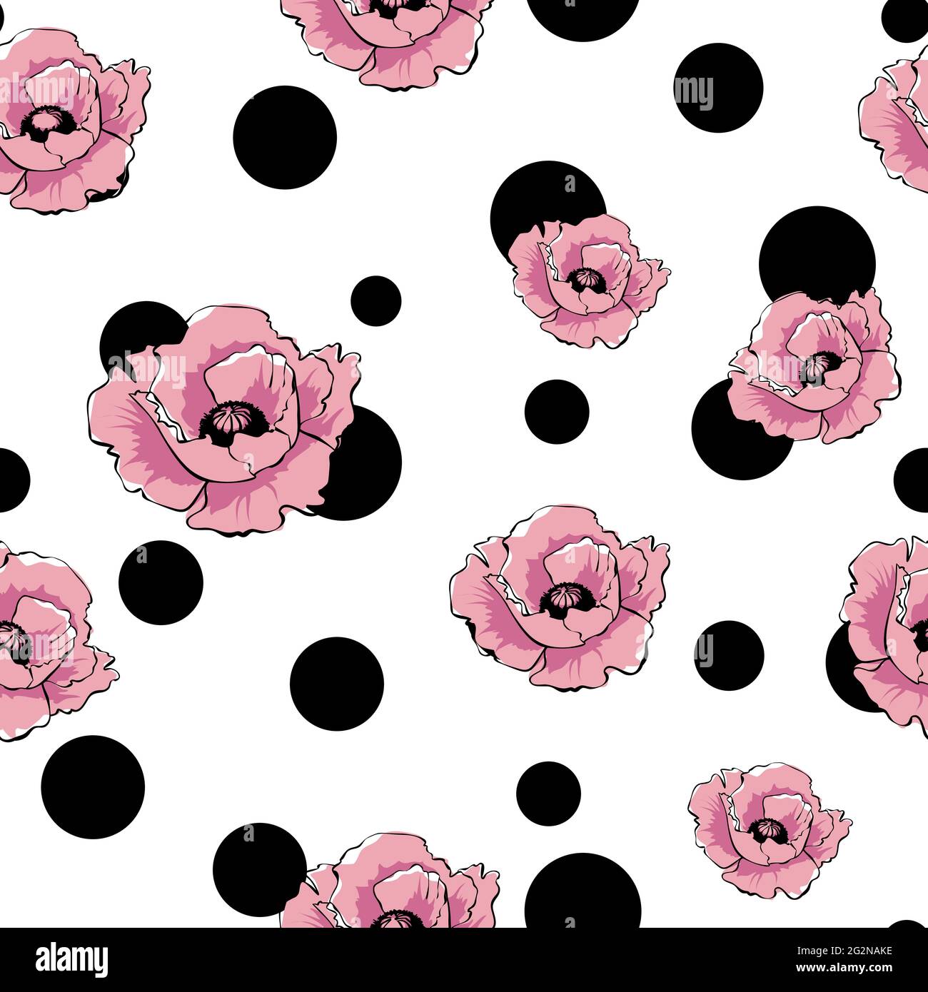 Vector pink poppy flowers and black dots. Art floral seamless pattern ...