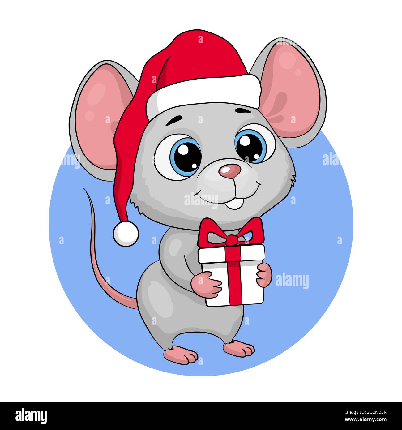 Cute cartoon mouse mouse in a santa hat with a gift. New Year greeting ...
