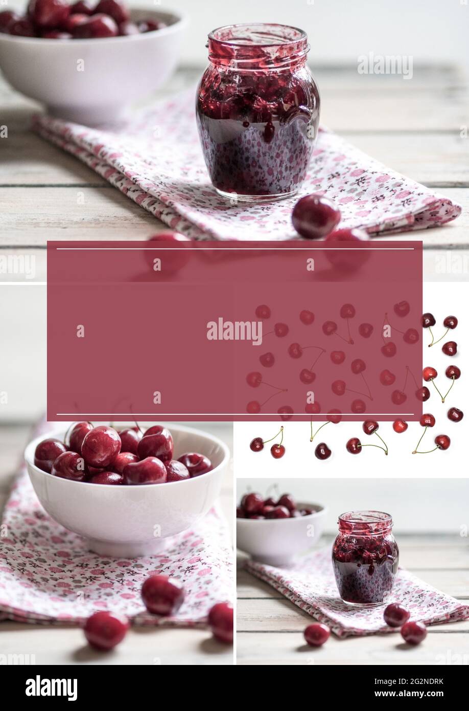 Collage of images with fresh harvested cherries in white bow and cherry ...