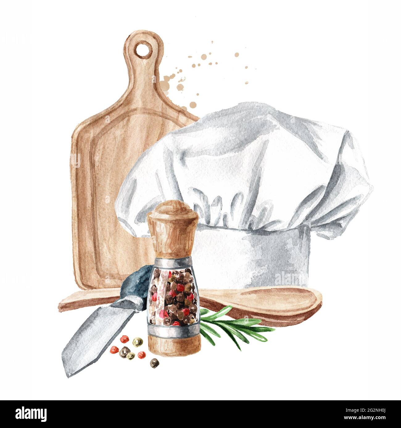 Kitchen concept with chefs hat, spicies and herbs. Hand drawn ...