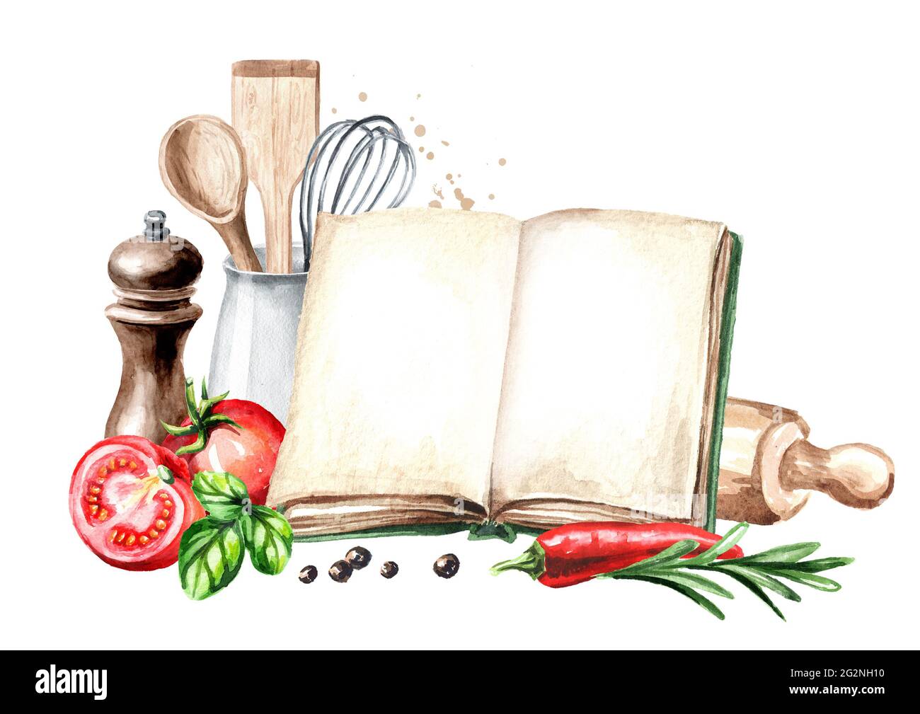 Cookig concept template. Open cookbook with copy space and vegetables ...