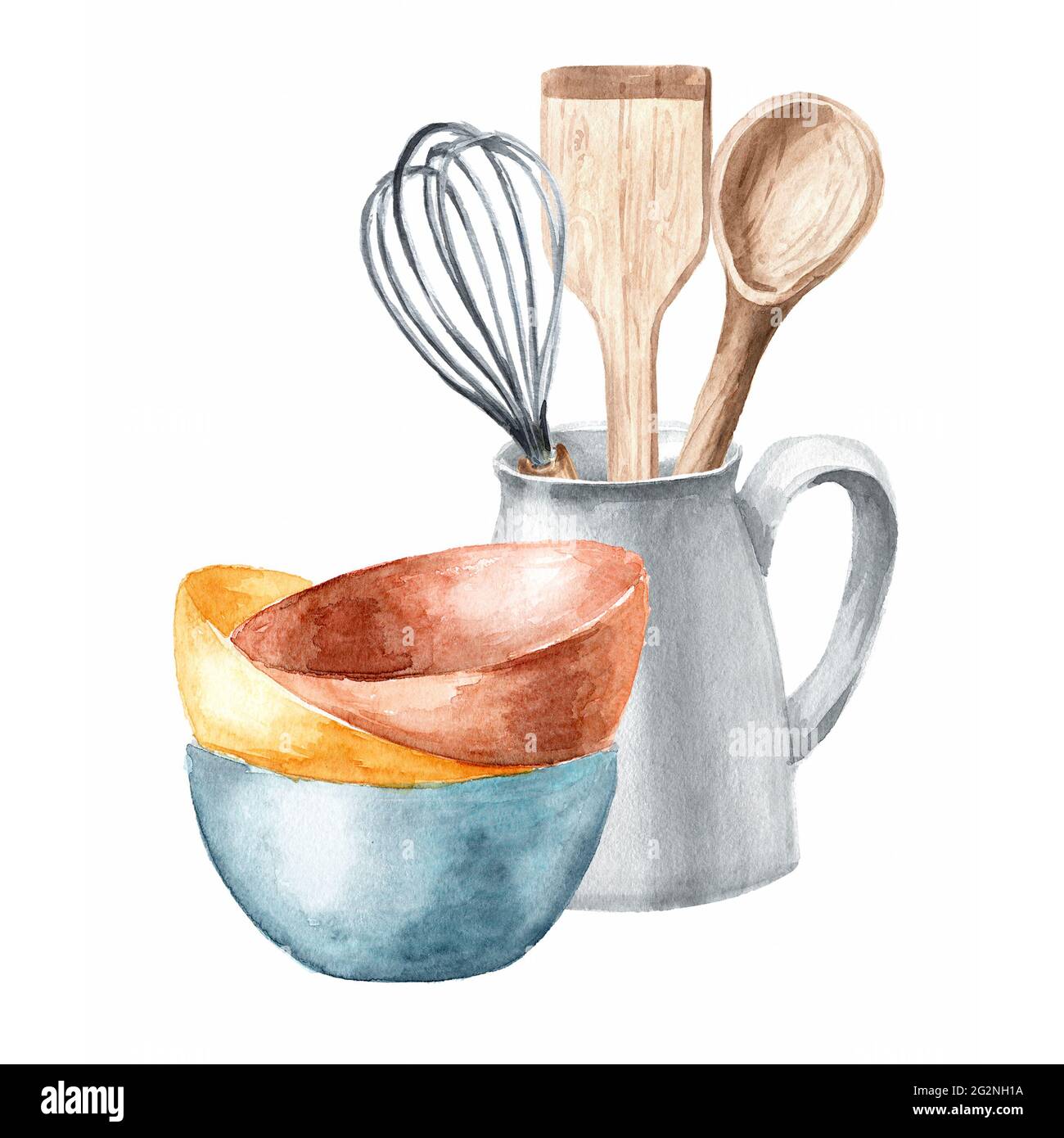 Bowls and kitchen utensils. Hand drawn watercolor illustration isolated ...