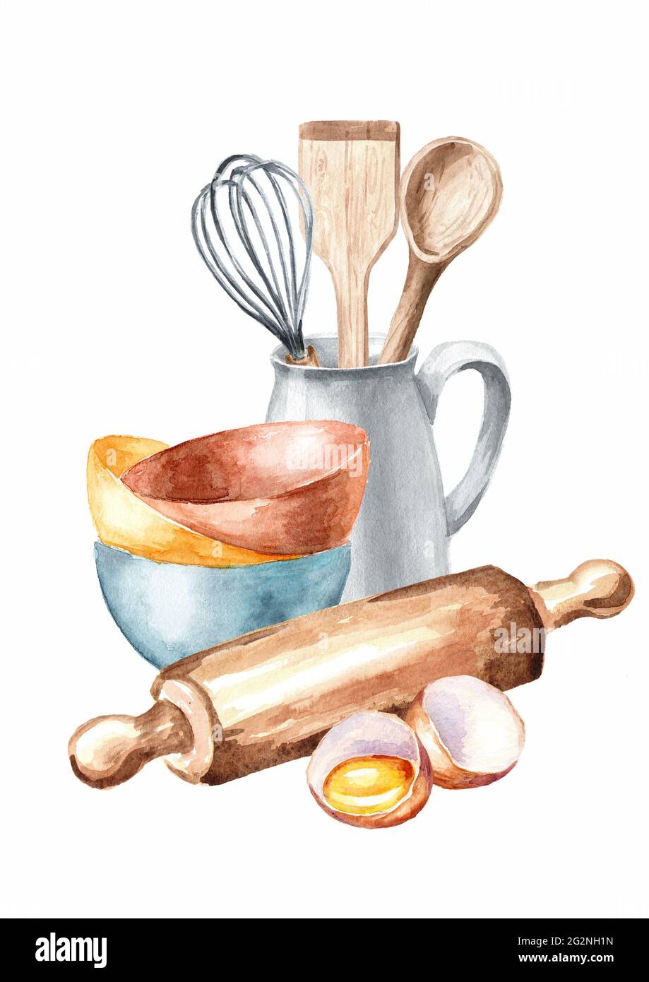 Cookig concept. Wooden rolling pin, flour, broken egg, ears of wheat ...