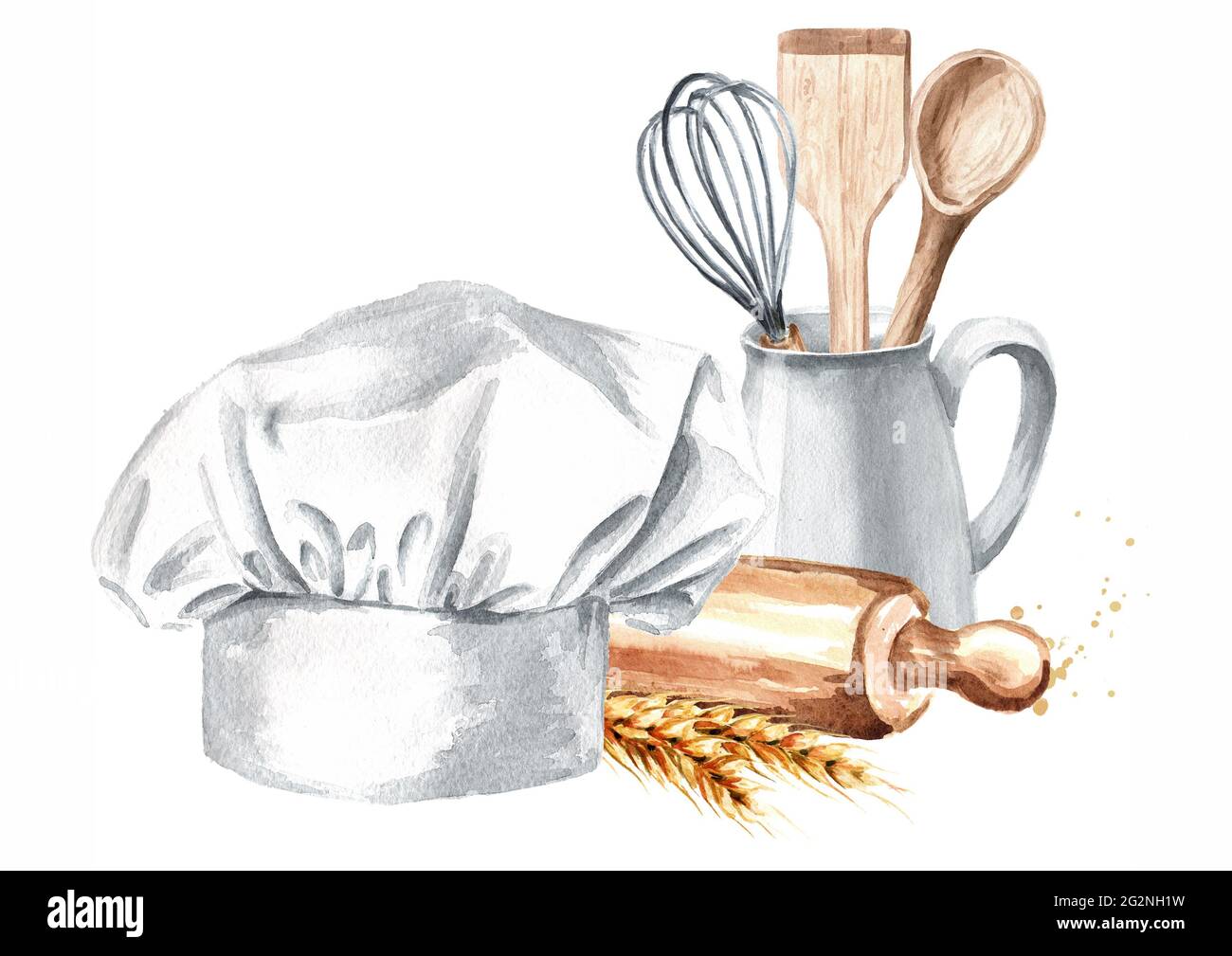 Kitchen pastry concept with chefs hat and wooden rolling pin. Hand ...