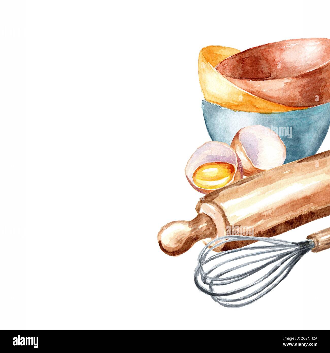 Kitchen pastry concept and template with kitchen utensils. Watercolor ...