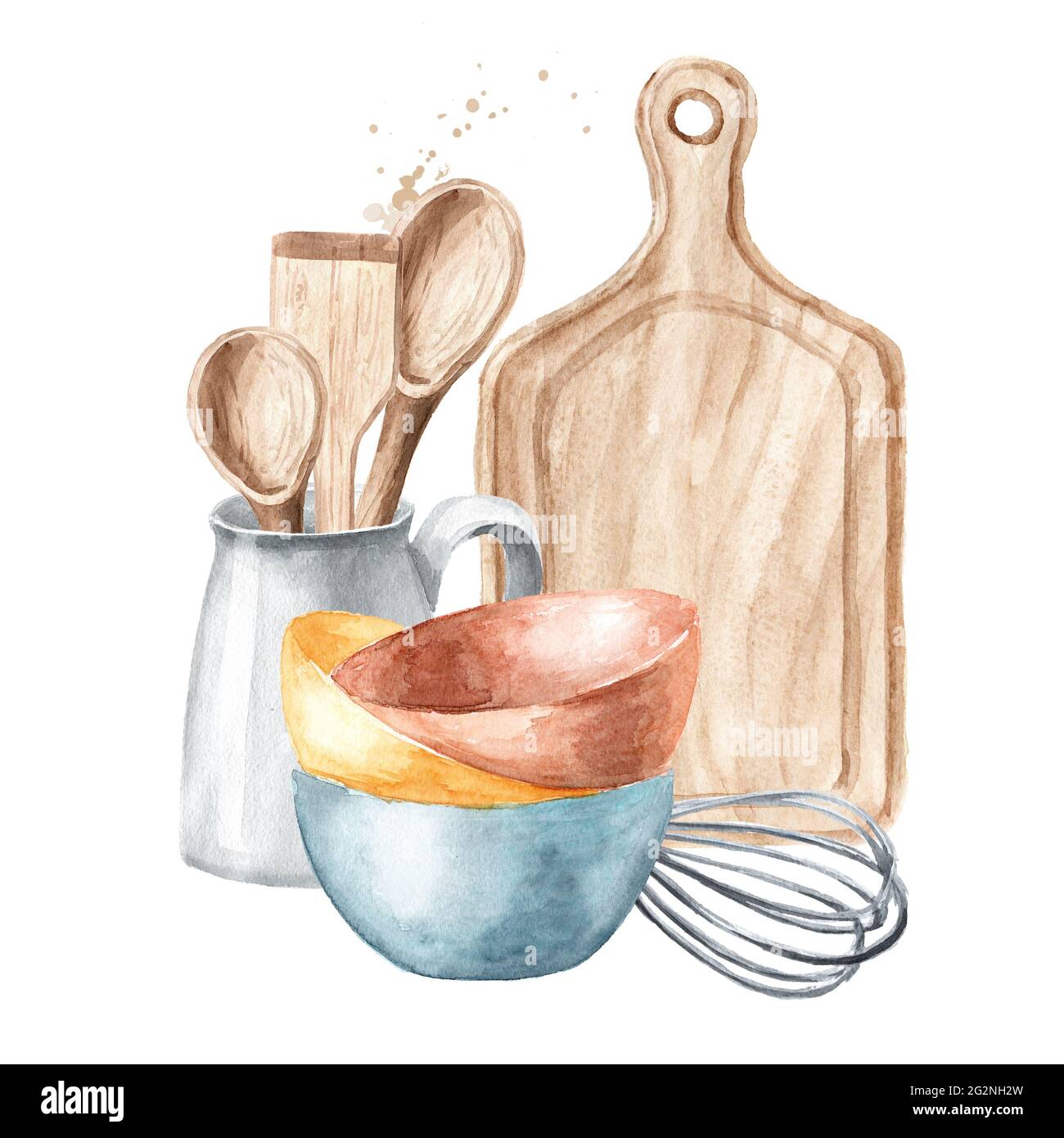 Kitchen utensils. Watercolor hand drawn illustration, isolated on white ...