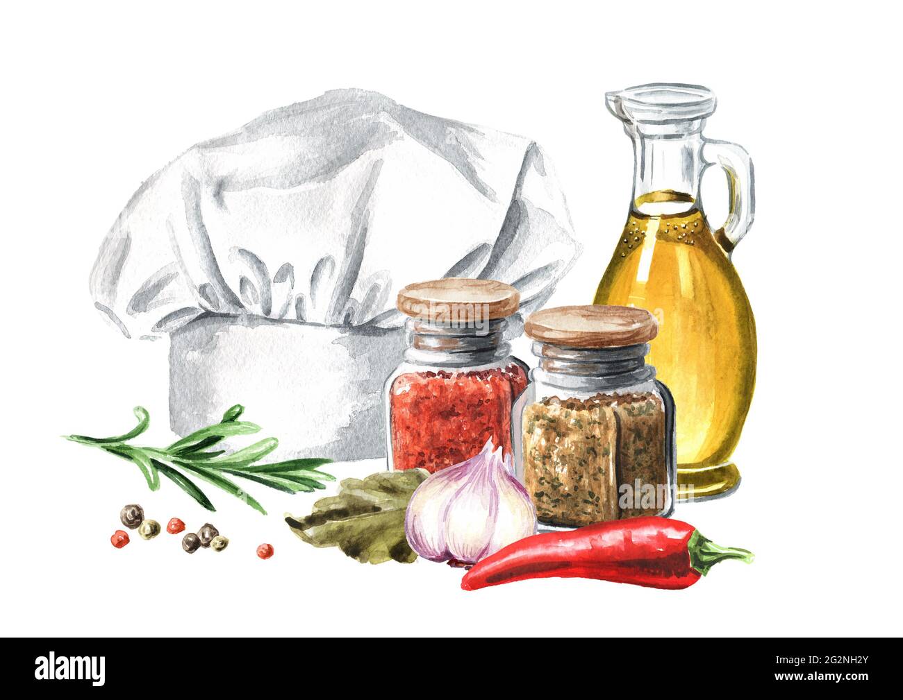 Kitchen pastry concept with chefs hat, spices, oil and herbs. Hand ...