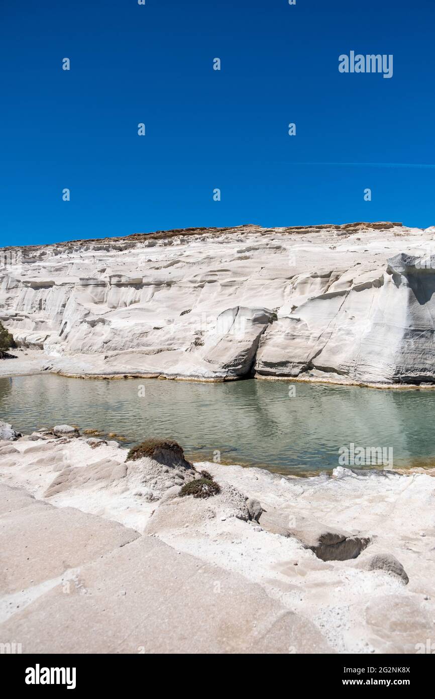 Sarakiniko beach at Milos island, Cyclades Greece. Volcanic white color ...