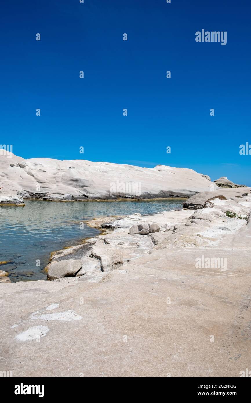 Sarakiniko beach at Milos island, Cyclades Greece. Volcanic white color ...
