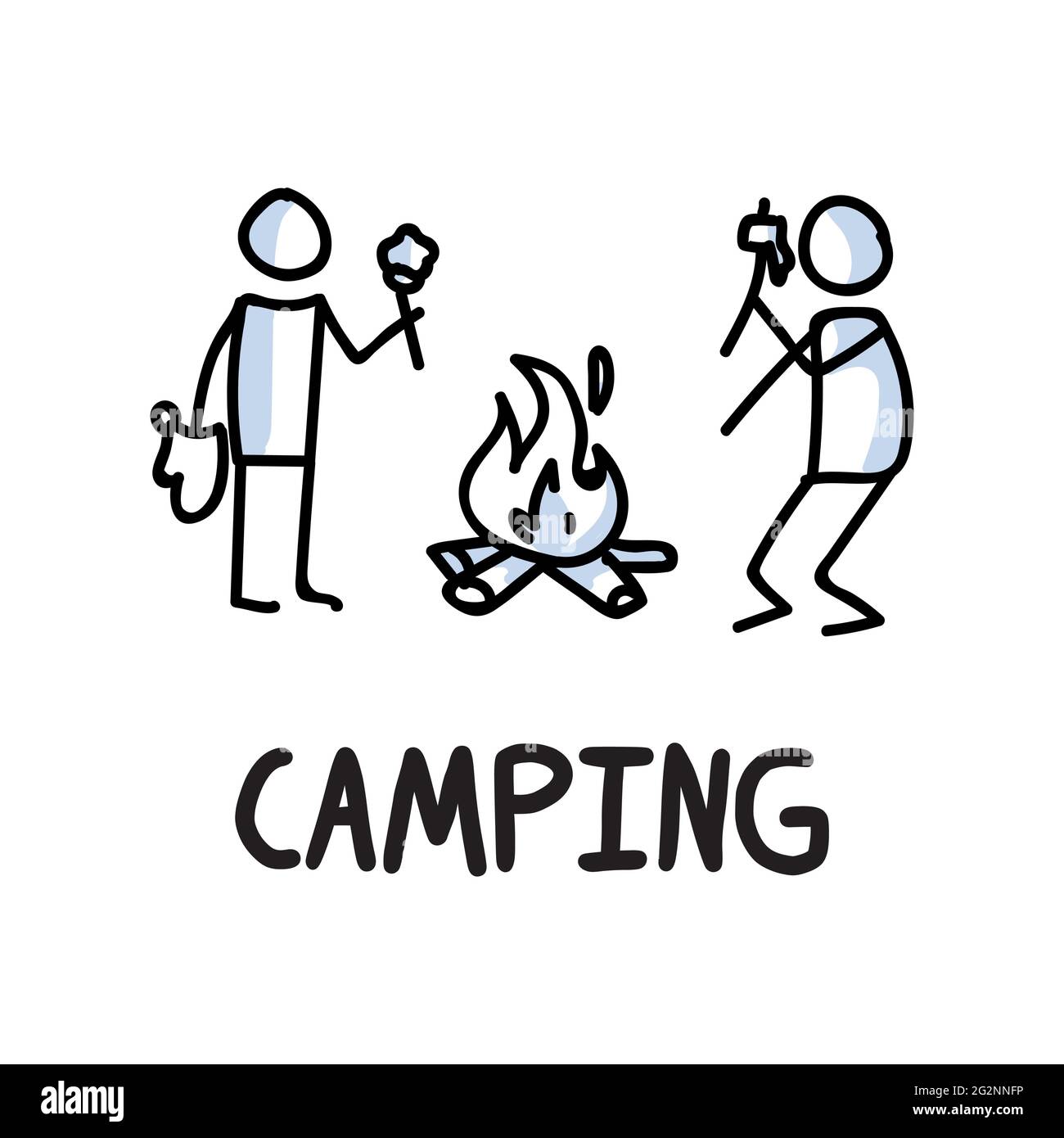 Stick figures icon of outdoor camping. Holiday pictogram with text ...