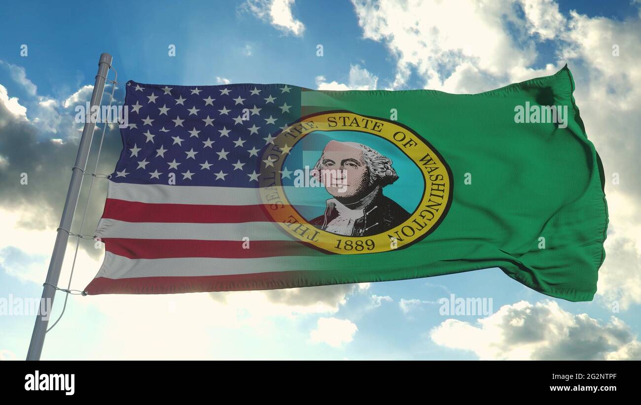 Flag of USA and Washington state. USA and Washington Mixed Flag waving ...
