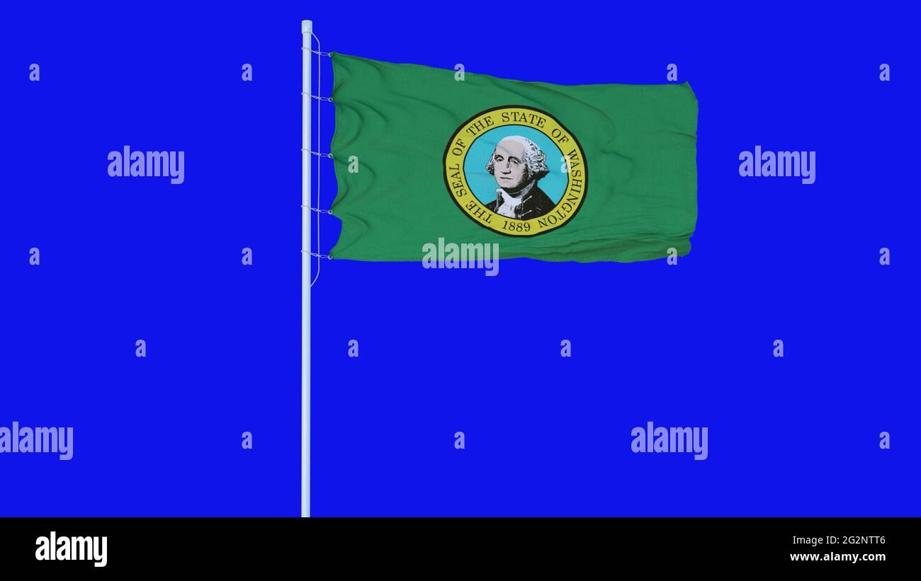 Washington US state flag waving on wind on blue screen or chroma key ...