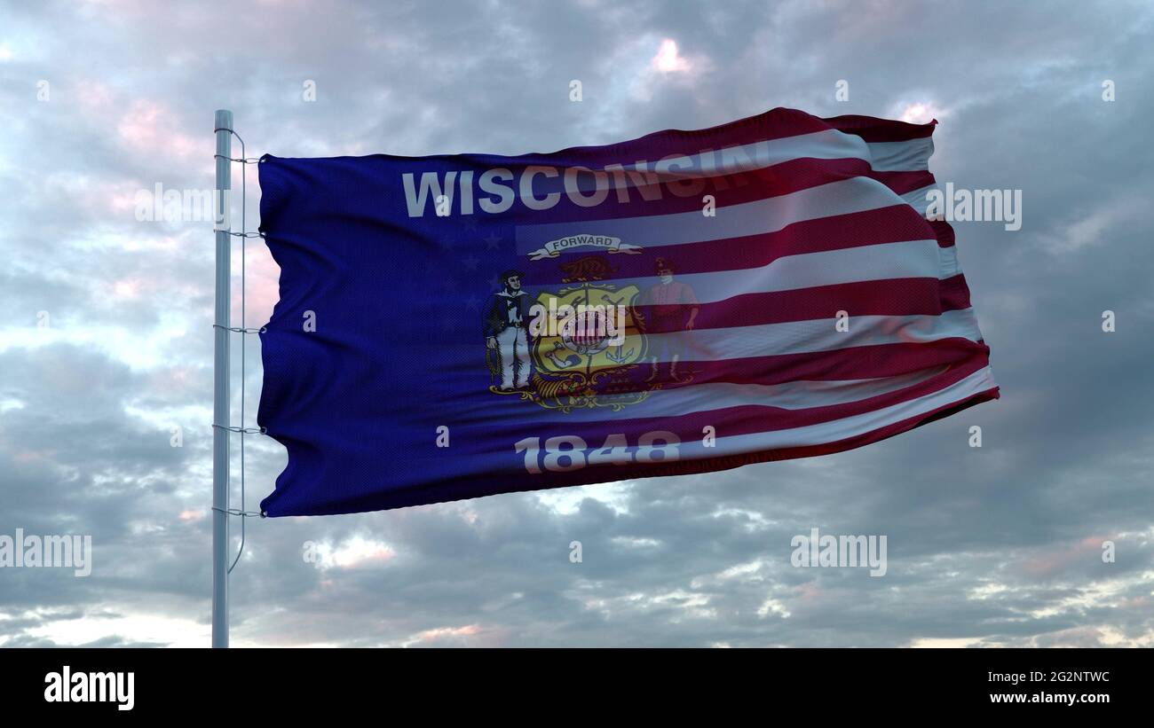 USA and Wisconsin Mixed Flag waving in wind. Wisconsin and USA flag on ...