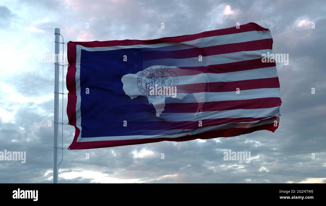 USA and Wyoming Mixed Flag waving in wind. Wyoming and USA flag on ...
