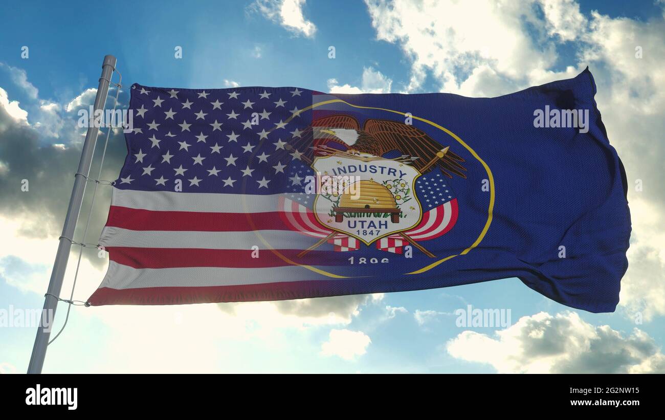 Flag of USA and Utah state. USA and Utah Mixed Flag waving in wind. 3d ...