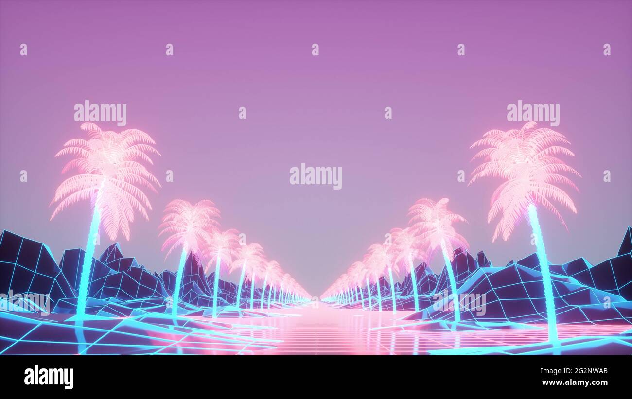 Synthwave background with palm trees. 3d rendering Stock Photo - Alamy