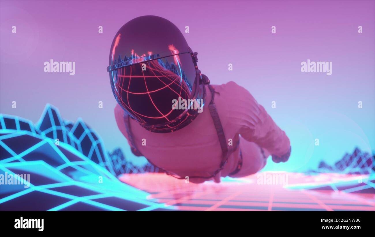 Astronaut surrounded by flashing neon lights. Retro 80s style synthwave ...
