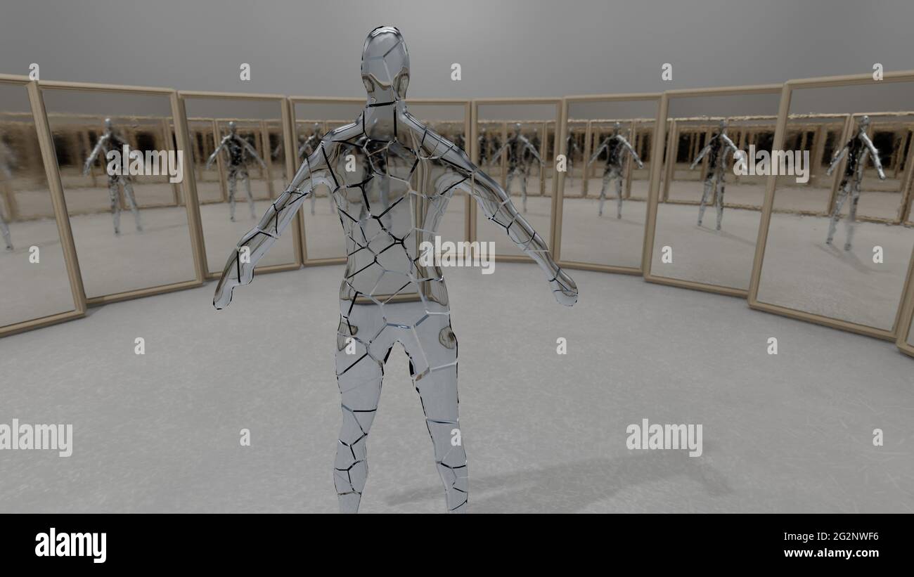 illustration of brocken mirror man reflecting himself in the mirrors ...
