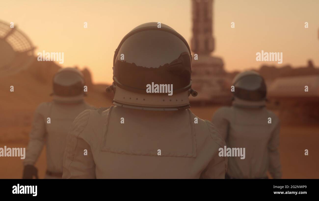 Three Astronauts in Space Suits Confidently Walking on Mars. Mars ...