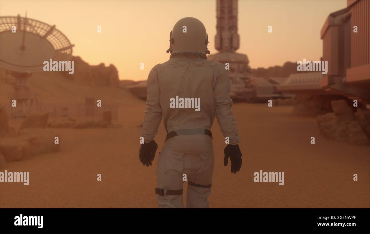 Alone astronaut on mars walking toward his base. Colonization concept ...