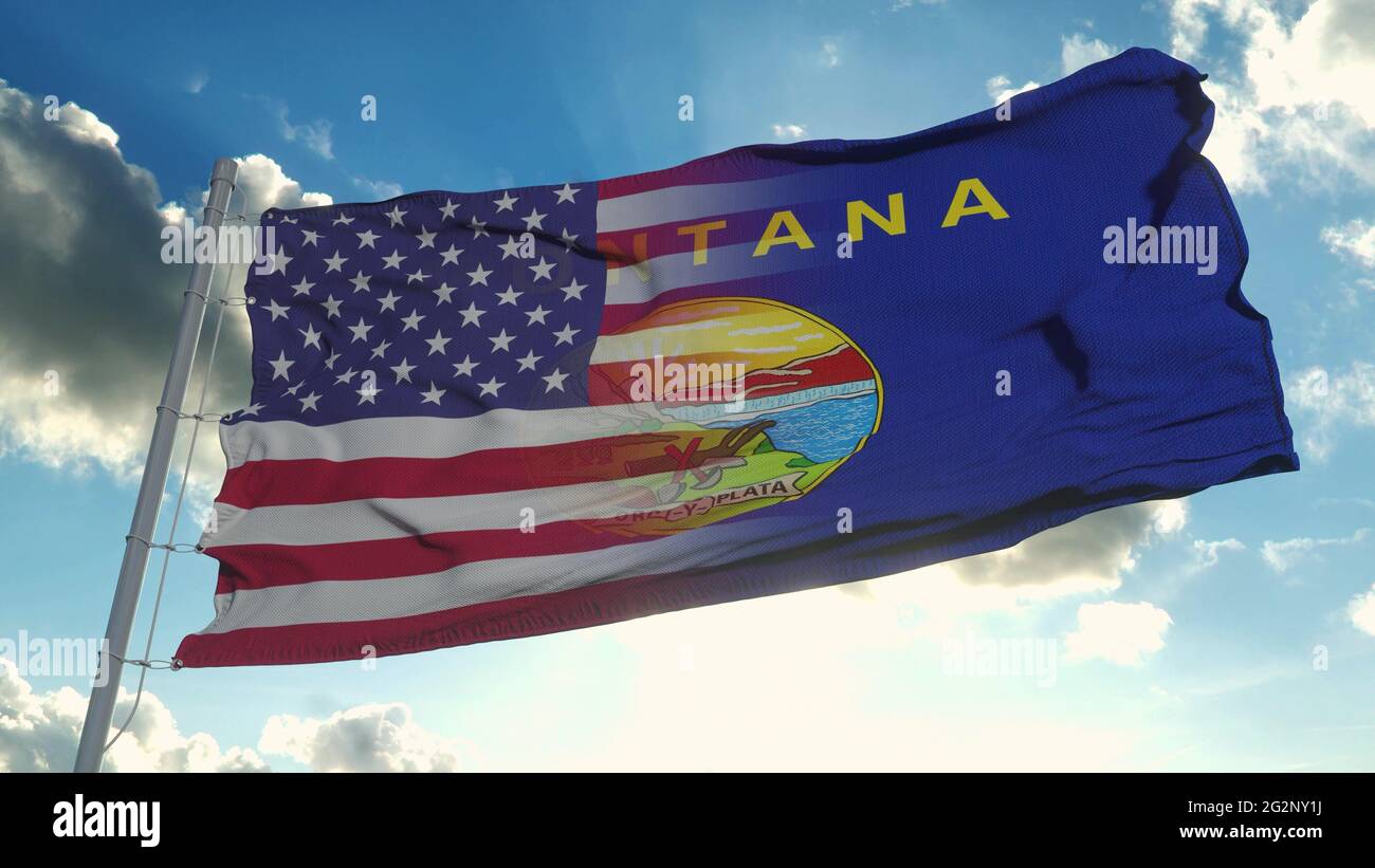 Flag of USA and Montana state. USA and Montana Mixed Flag waving in ...