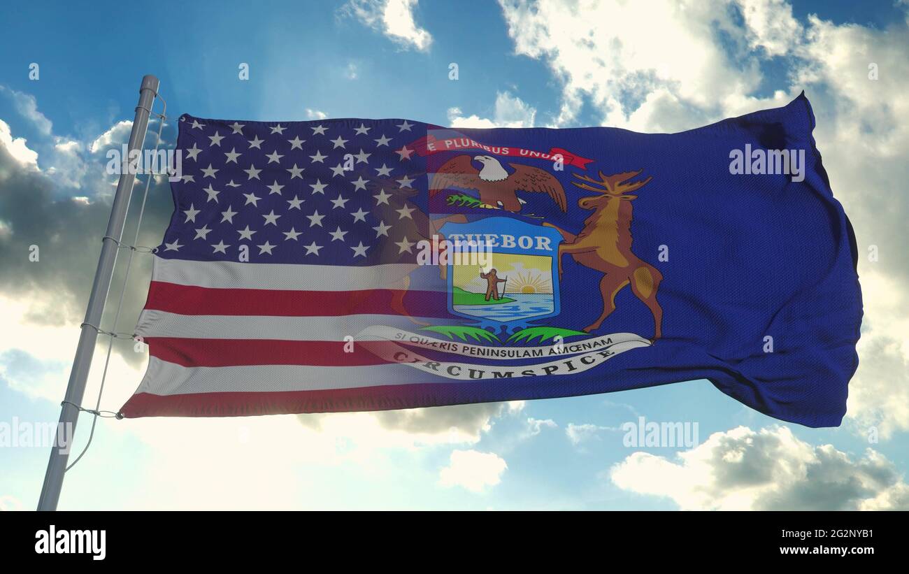 Flag of USA and Michigan state. USA and Michigan Mixed Flag waving in ...