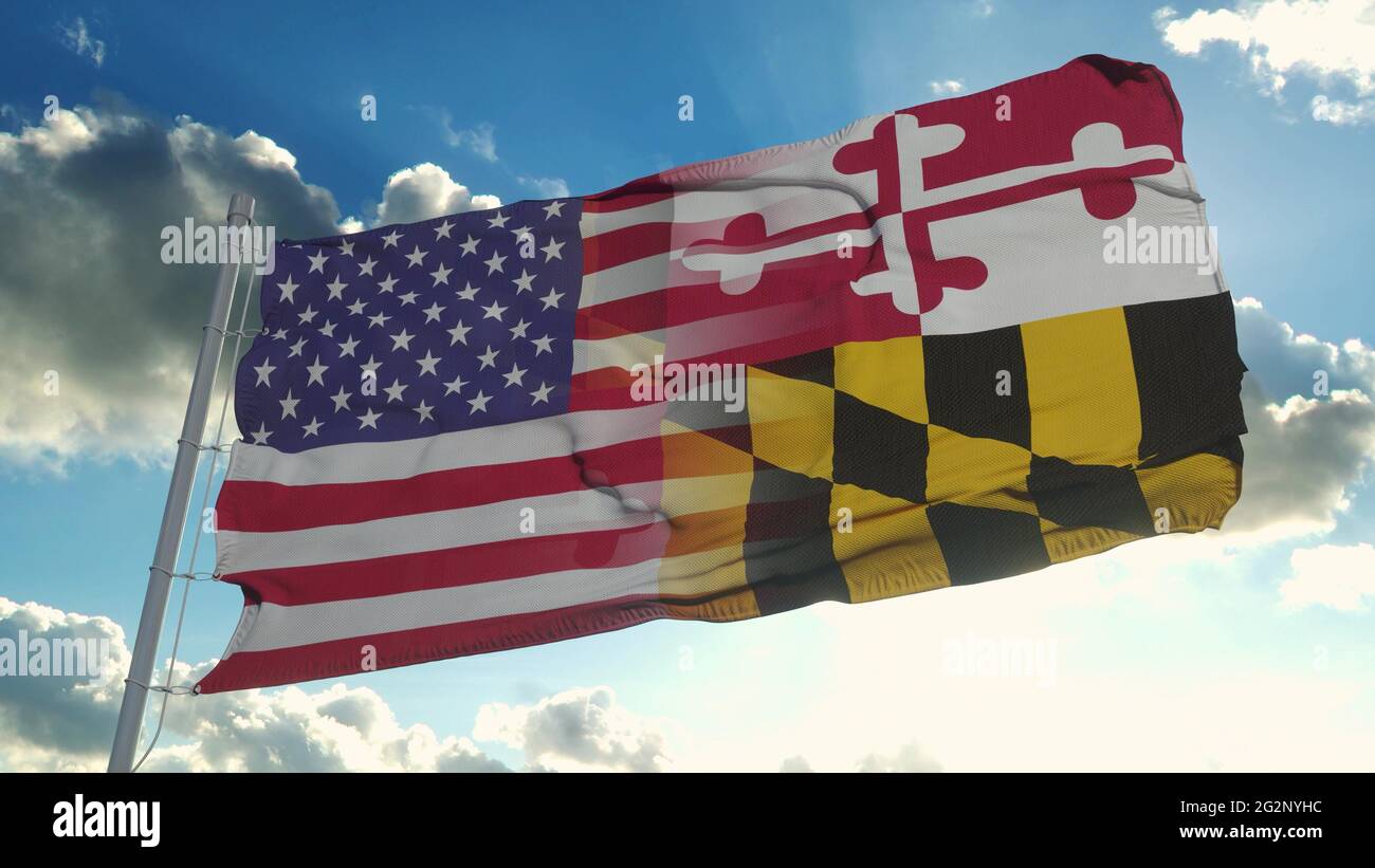Flag of USA and Maryland state. USA and Maryland Mixed Flag waving in ...