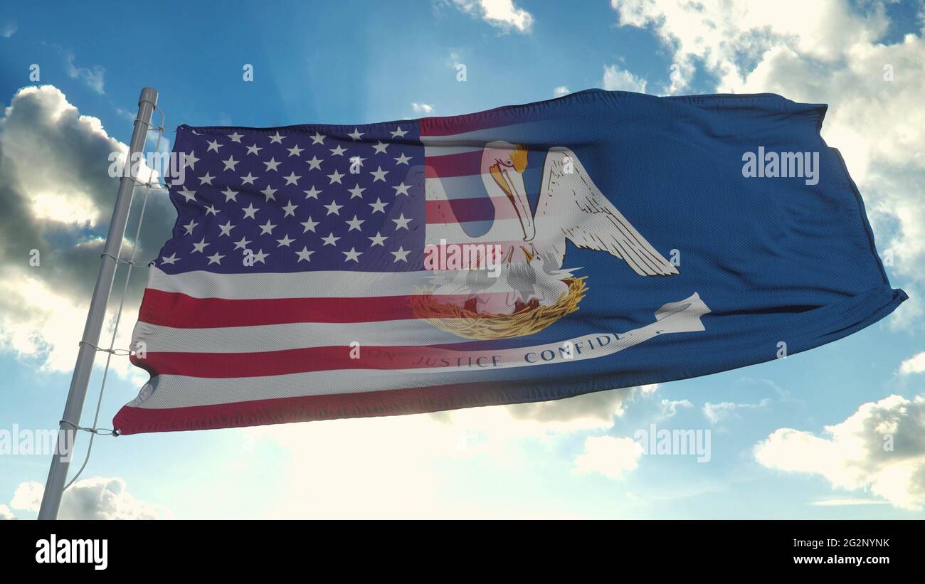 Flag of USA and Louisiana state. USA and Louisiana Mixed Flag waving in ...