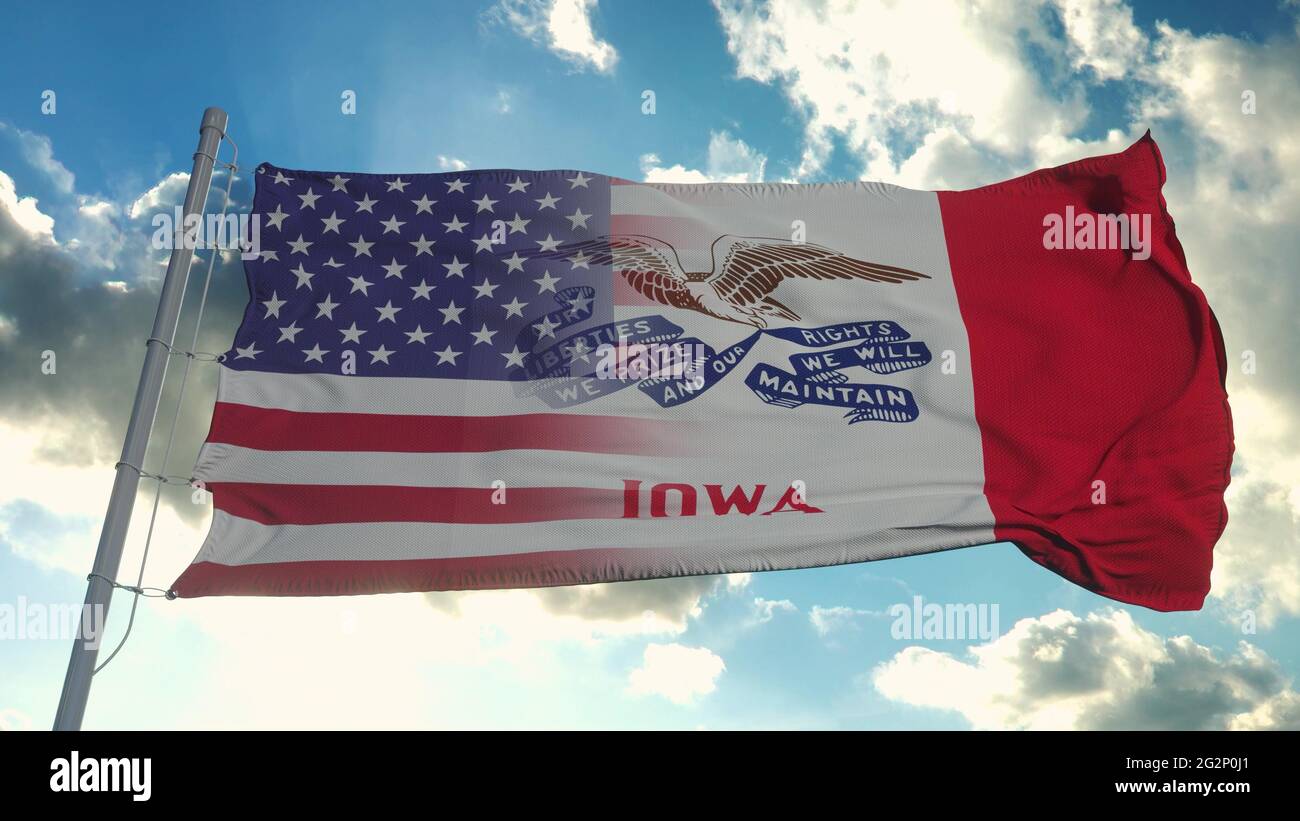 Flag of USA and Iowa state. USA and Iowa Mixed Flag waving in wind. 3d ...