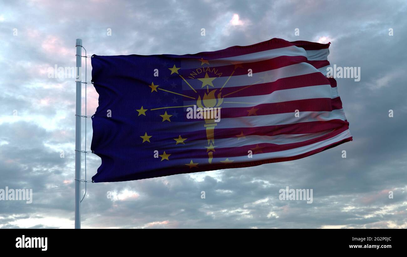 USA and Indiana Mixed Flag waving in wind. Indiana and USA flag on ...