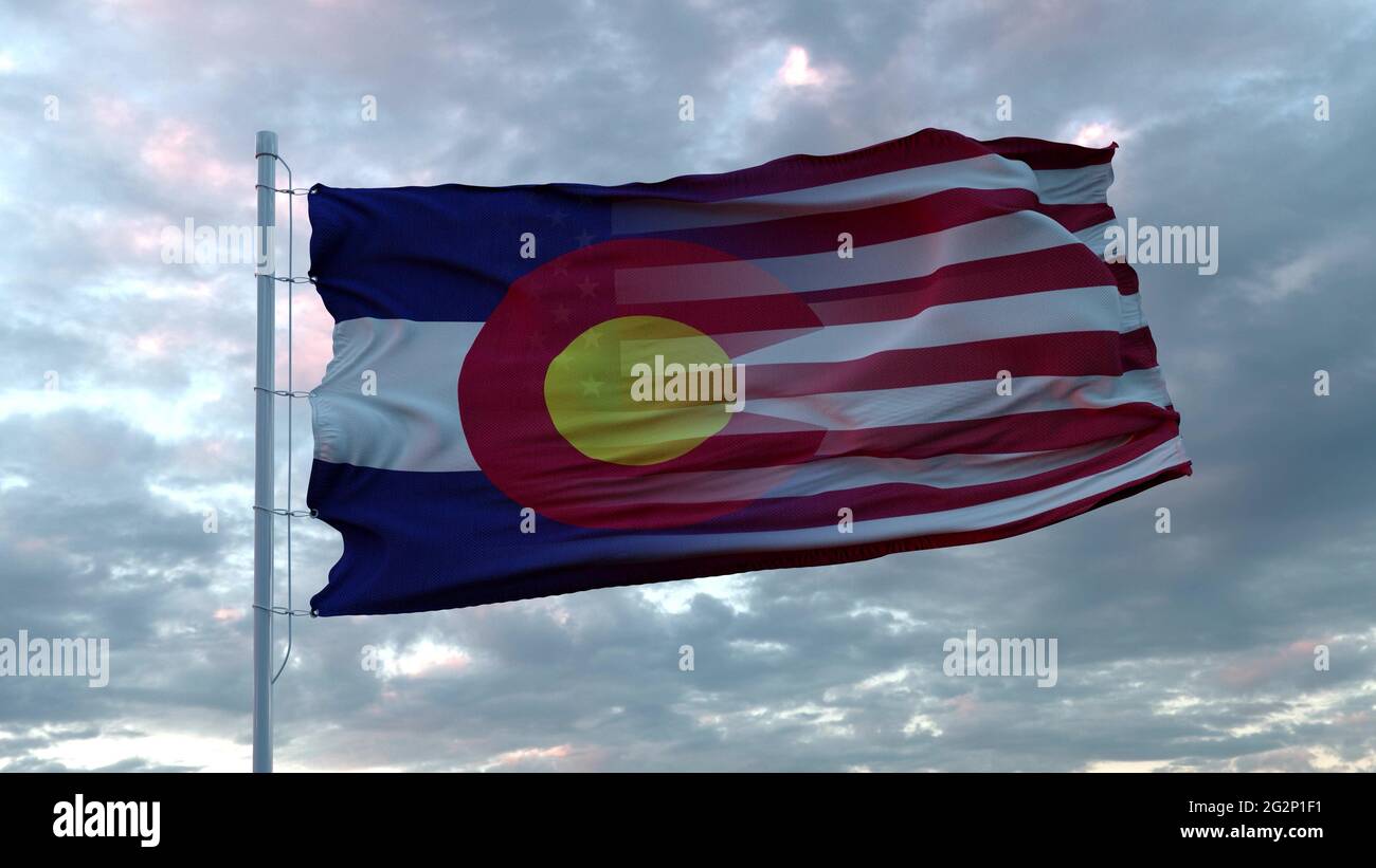 USA and Colorado Mixed Flag waving in wind. Colorado and USA flag on ...